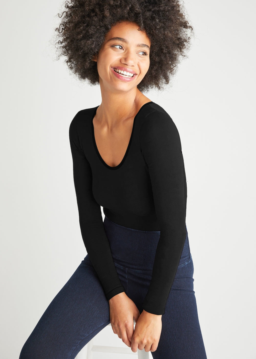Seamless Long Sleeve Cotton Shaping Bodysuit in Black | yummie